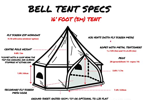 Psyclone Tents Removable Floor 4 Windows 5m/16.4ft Luxury Bell Tent Outdoor All Weather 8-10 Person Cotton Canvas Yurt Large Tent for Family Camping Glamping Hiking and Festivals