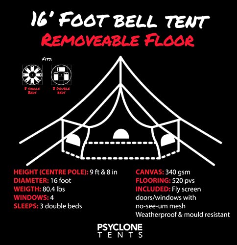 Psyclone Tents Removable Floor 4 Windows 5m/16.4ft Luxury Bell Tent Outdoor All Weather 8-10 Person Cotton Canvas Yurt Large Tent for Family Camping Glamping Hiking and Festivals