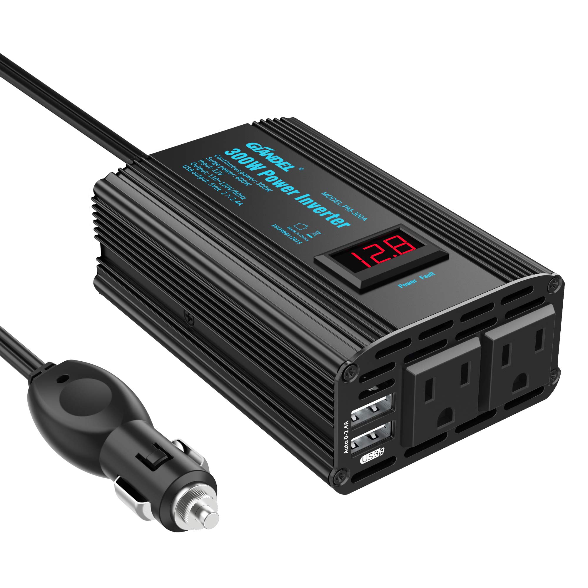 300W Power Inverter DC 12V to AC 120V Car Power Converter Adapter with 2x2.4A USB Ports and LED Display Dual AC Outlets【3YRS Warranty】 Black