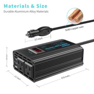 300W Power Inverter DC 12V to AC 120V Car Power Converter Adapter with 2x2.4A USB Ports and LED Display Dual AC Outlets【3YRS Warranty】 Black