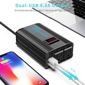 300W Power Inverter DC 12V to AC 120V Car Power Converter Adapter with 2x2.4A USB Ports and LED Display Dual AC Outlets【3YRS Warranty】 Black