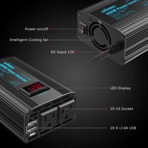 300W Power Inverter DC 12V to AC 120V Car Power Converter Adapter with 2x2.4A USB Ports and LED Display Dual AC Outlets【3YRS Warranty】 Black