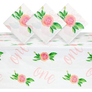 juvale 3 pack one tablecloth for girls floral 1st birthday themed party decorations, plastic table covers (54 x 108 in)