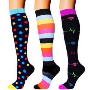 double couple 3 pairs compression socks for women men 20-30mmhg knee high stocking for sports running travel nurses