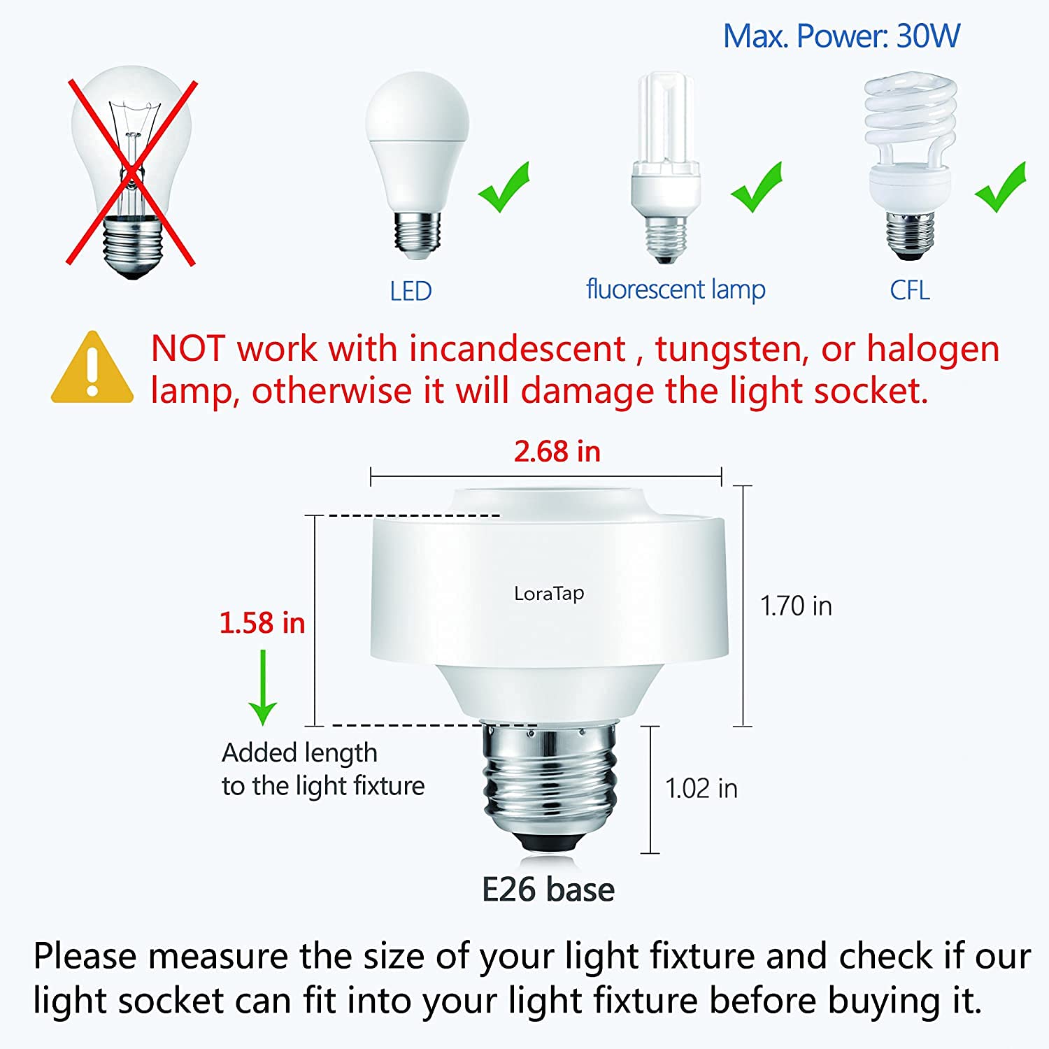 LoraTap Smart WiFi Bulb Socket E26 2 Pack Wi-Fi LED Light Bulb ﻿Timer Lamp Holder Adapter, Voice Control with Alexa and Google Assistant, Smart Life App Control from Anywhere by Phone, 30W Max