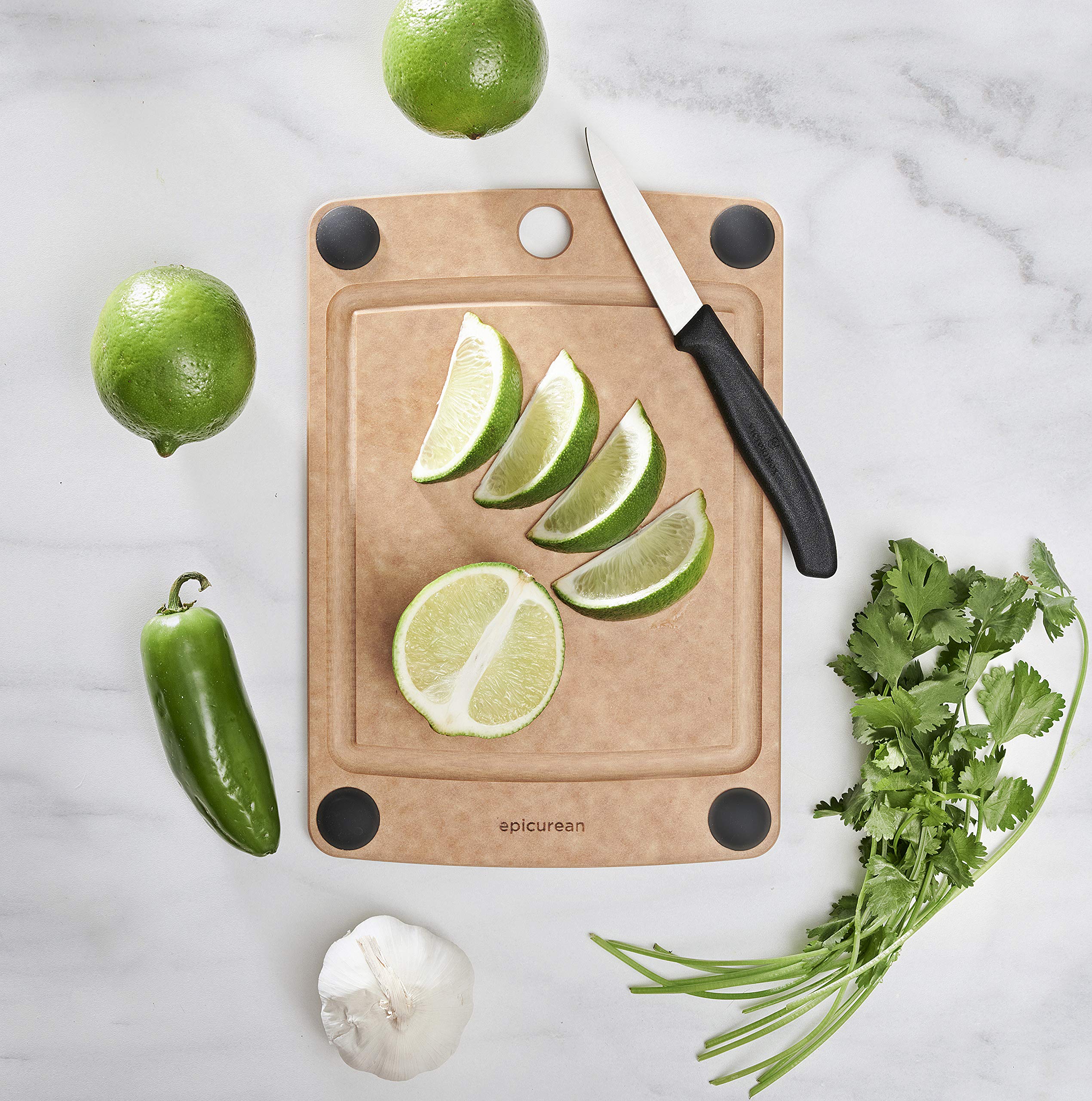 Epicurean All-In-One Cutting Board with Non-Slip Feet and Juice Groove, 10" × 7", Natural/Black