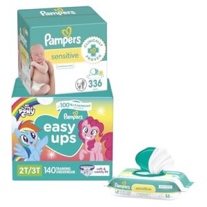 pampers easy ups pull on training pants my little pony, 2t-3t, one month supply (140 count) with sensitive water based baby wipes 6x pop-top packs (336 count)