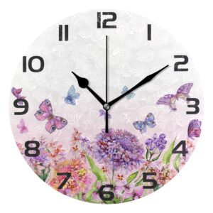 welllee elegant iberis flowers garden butterflies clock arabic type clock painted silent non-ticking round wall clock home art bedroom living dorm room decor