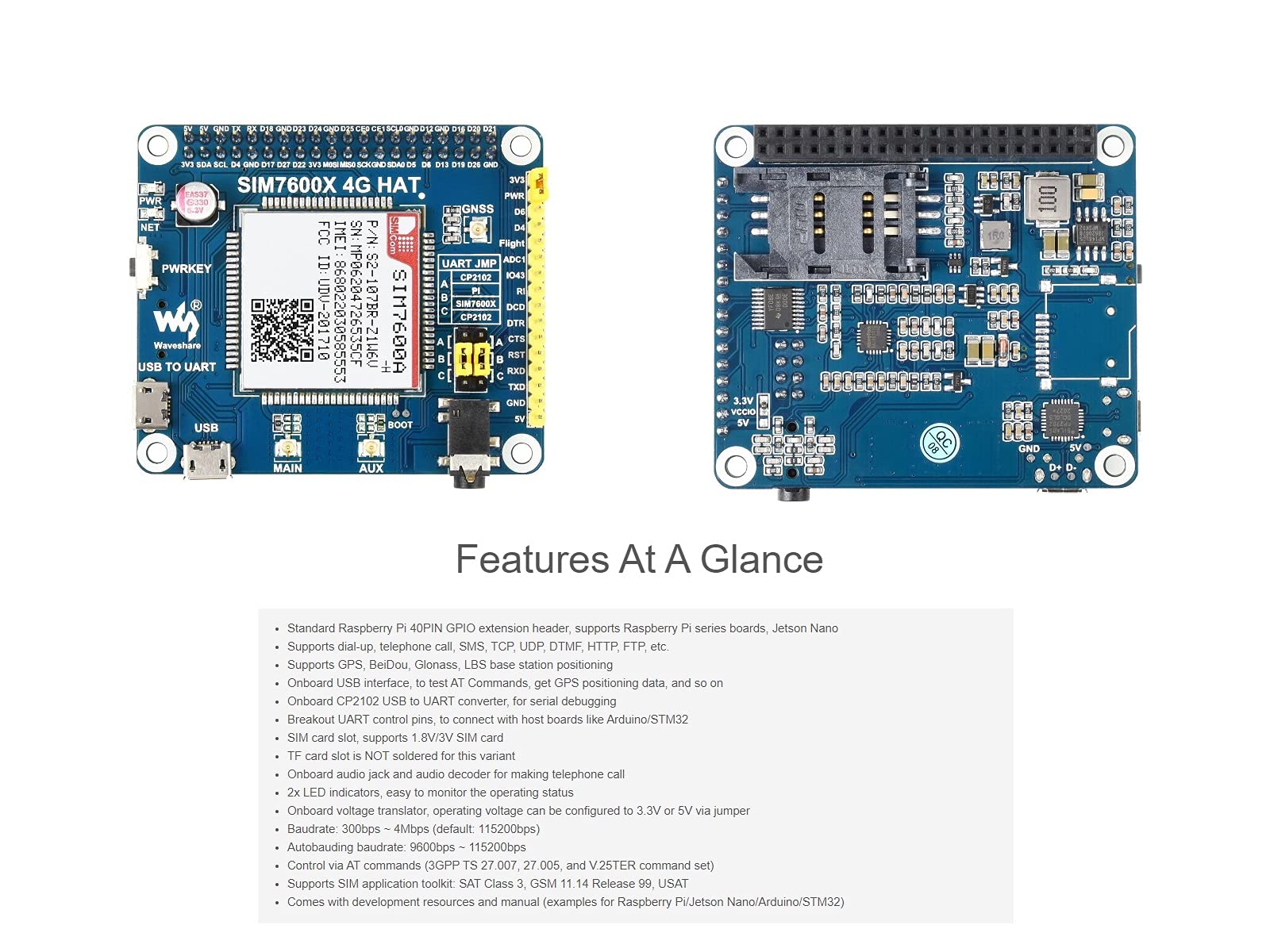 4G / 3G / GNSS HAT Module for Raspberry Pi Zero/Zero W/Zero WH/2B/3B/3B+/4B/Jetson Nano, Based on SIM7600A-H , 4G Communication and GNSS Positioning Module Support LTE CAT4 up to 150Mbps