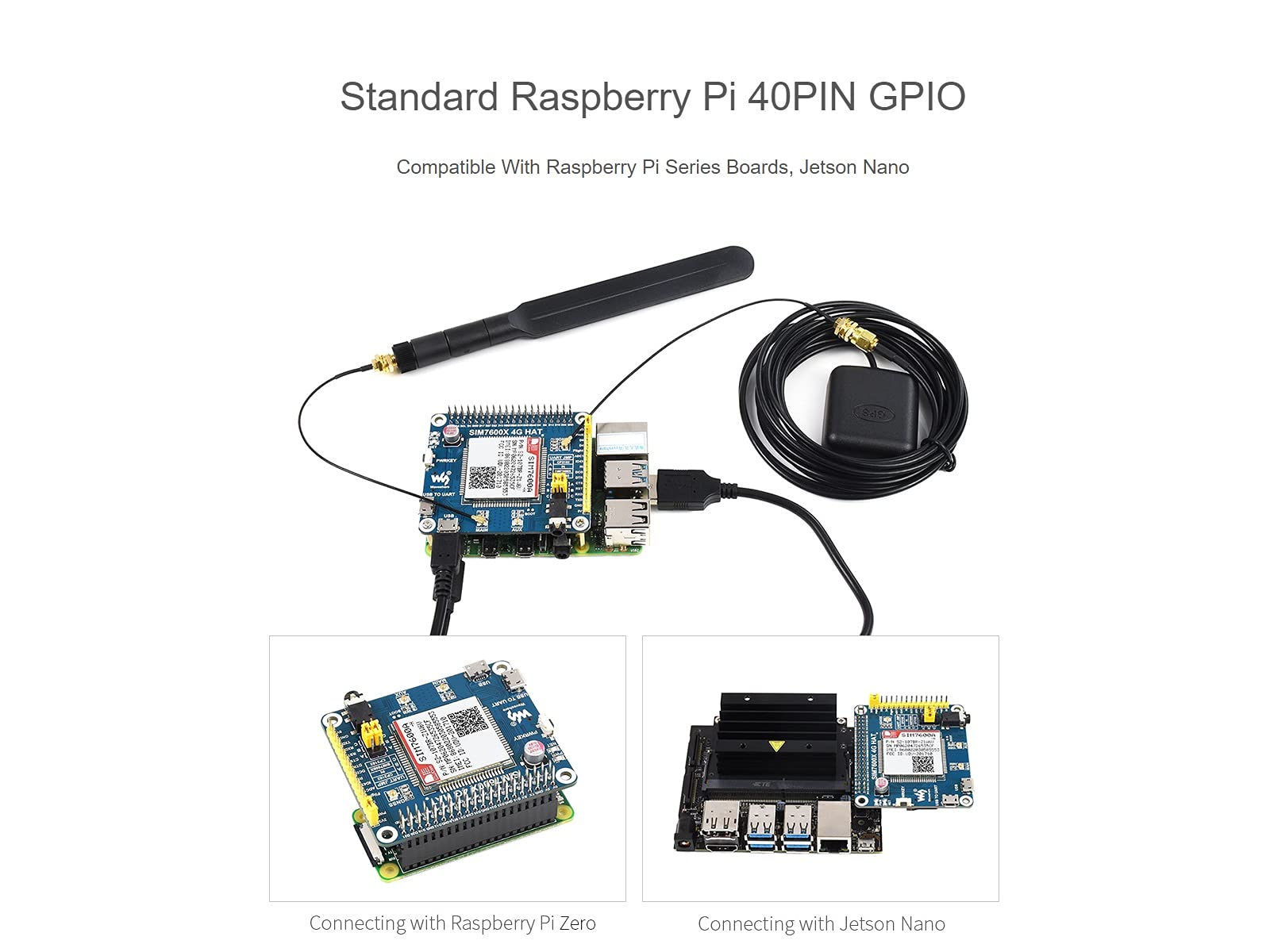 4G / 3G / GNSS HAT Module for Raspberry Pi Zero/Zero W/Zero WH/2B/3B/3B+/4B/Jetson Nano, Based on SIM7600A-H , 4G Communication and GNSS Positioning Module Support LTE CAT4 up to 150Mbps