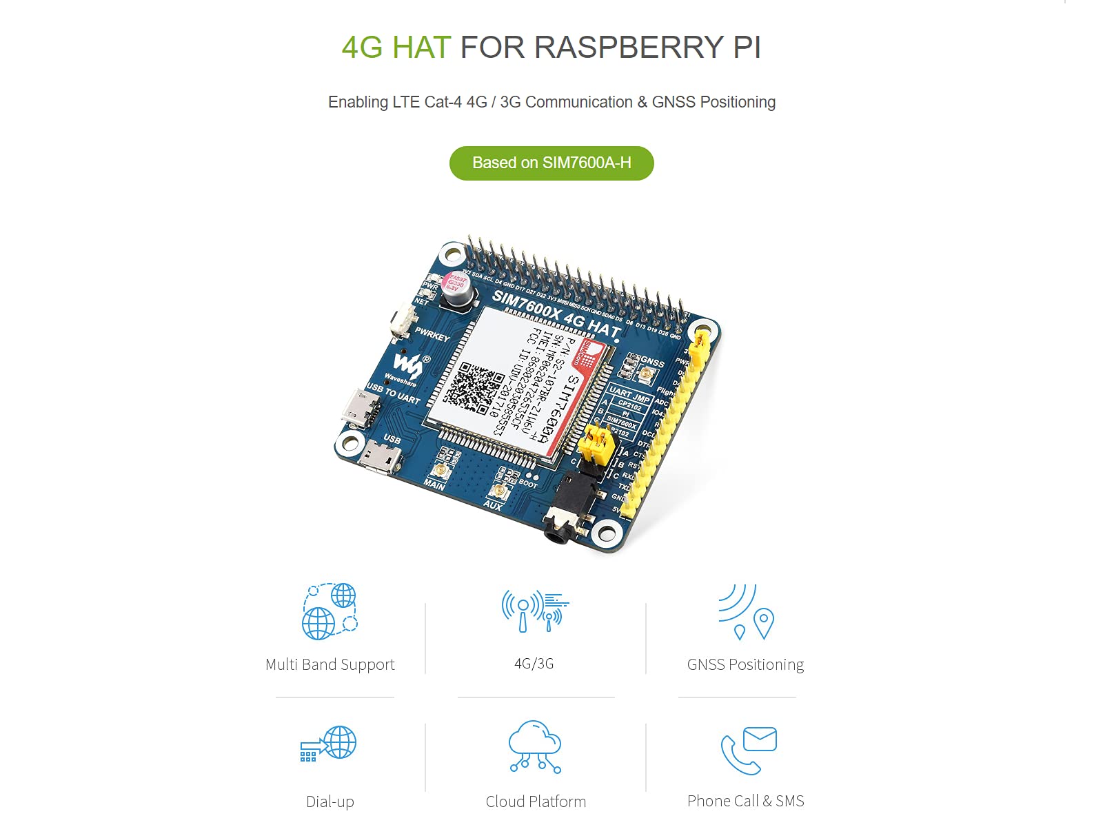 4G / 3G / GNSS HAT Module for Raspberry Pi Zero/Zero W/Zero WH/2B/3B/3B+/4B/Jetson Nano, Based on SIM7600A-H , 4G Communication and GNSS Positioning Module Support LTE CAT4 up to 150Mbps