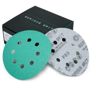 serious grit premium 80 grit sanding discs - 5" 8 hole dustless heavy-duty hook & loop film discs - zirconium sandpaper for random orbital sanders - 50 pack box