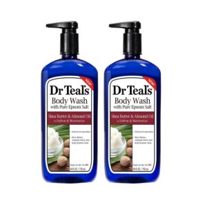 dr teal's epsom salt bath and shower body wash with pump - shea butter and almond oil - pack of 2, 24 oz each - soften and moisturize your skin, relieve stress and sore muscles