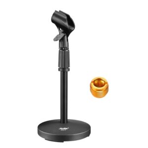 moukey desk mic stand with non-slip mic clip adjustable table top microphone stand with 5/8" male to 3/8" female screw fits most microphone, mms-2