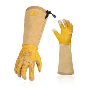 vgo... safety work gloves men,extra-long cuff thornproof,premium cow grain leather,anti-abrasion, anti-impact,gardening(1 pair,size m, gold, ca9659)