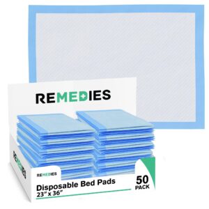 remedies - disposable bed pads 23" x 36" - 50 count - large bed pads for incontinence - seniors, adults & kids chucks pads - adult absorbent incontinence disposable underpads for beds & furniture