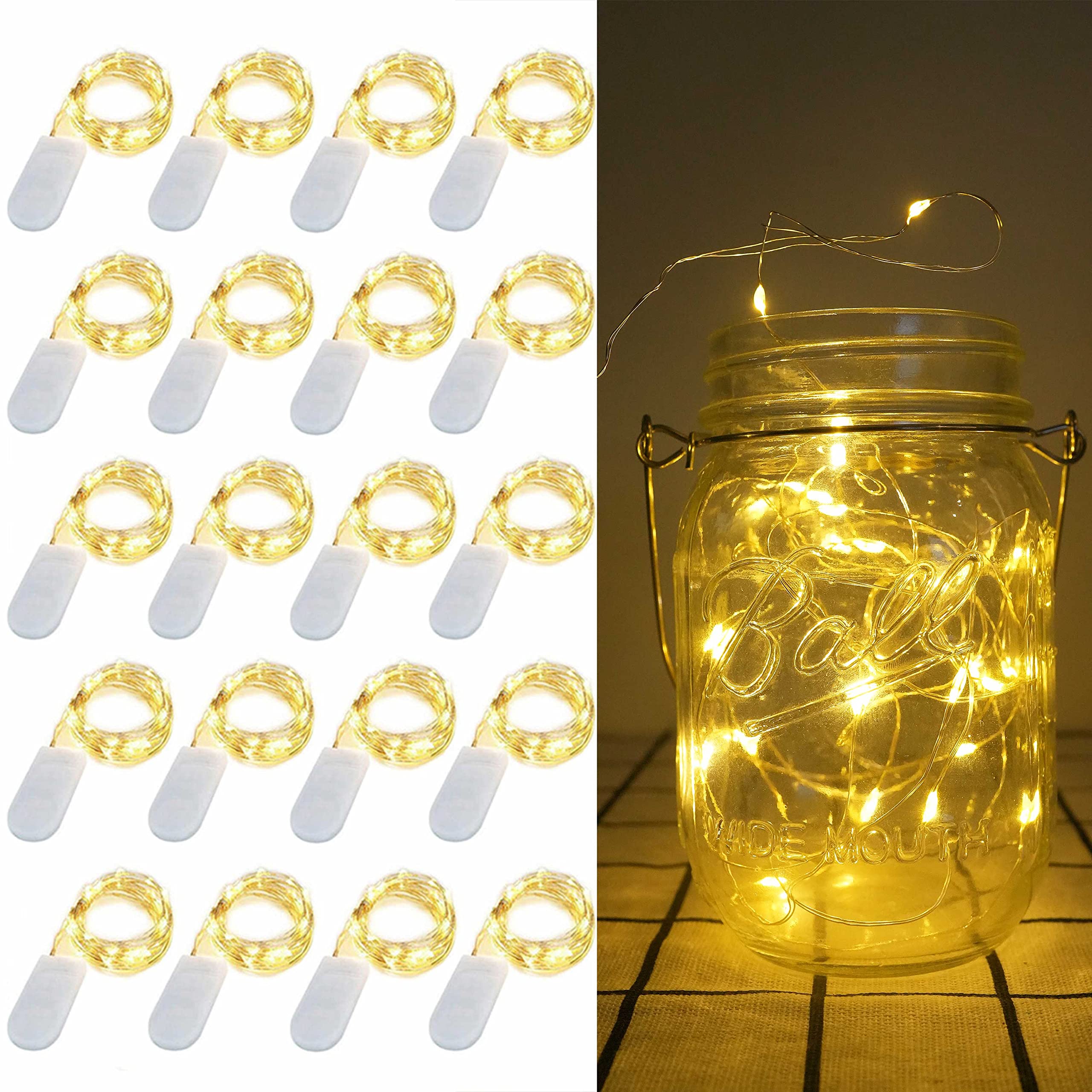 20 Pack Fairy Lights Battery Operated, 6.6ft 20 LED Mason Jar Lights Silver Wire Waterproof Firefly Mini Led String Lights for Table Party Wedding Centerpiece DIY Crafts Christmas Decor