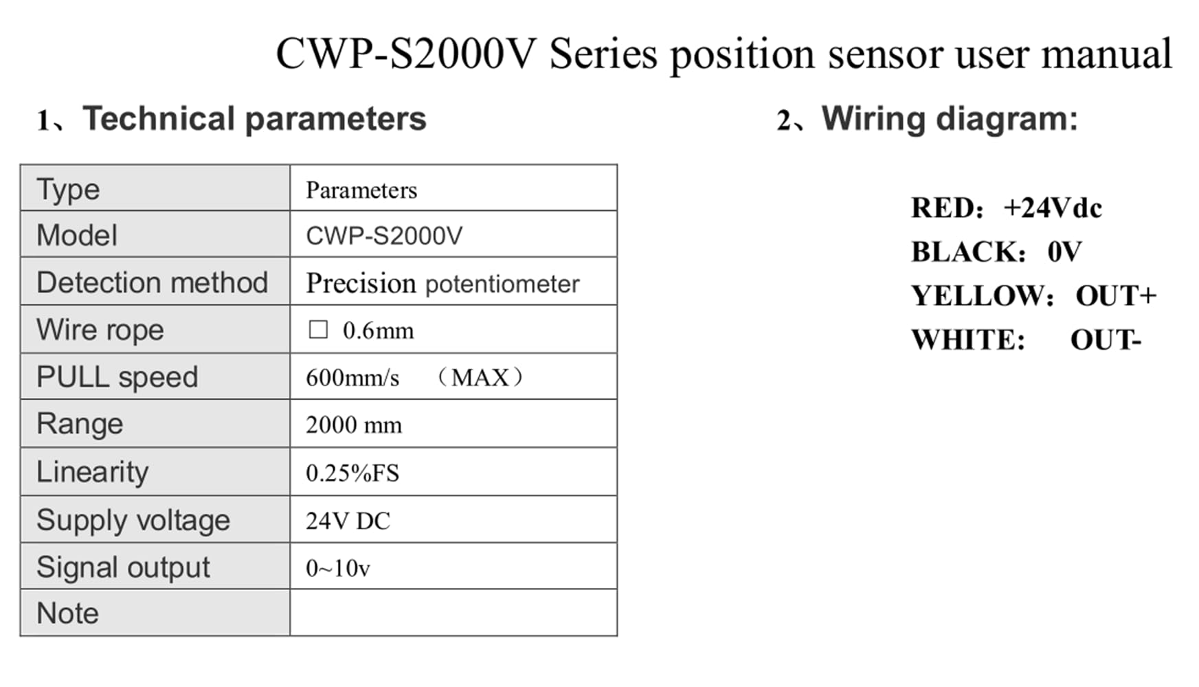 CALT CWP-S2000V 2000mm Draw Wire Encoder 24Vdc Supply 0-10V Output