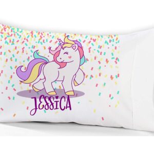 Personalize It (Confetti Unicorn, Standard) Pillowcase for Girls and Ladies Pink Rainbow Pride Birthday Gift Sleepover Party Friend Idea