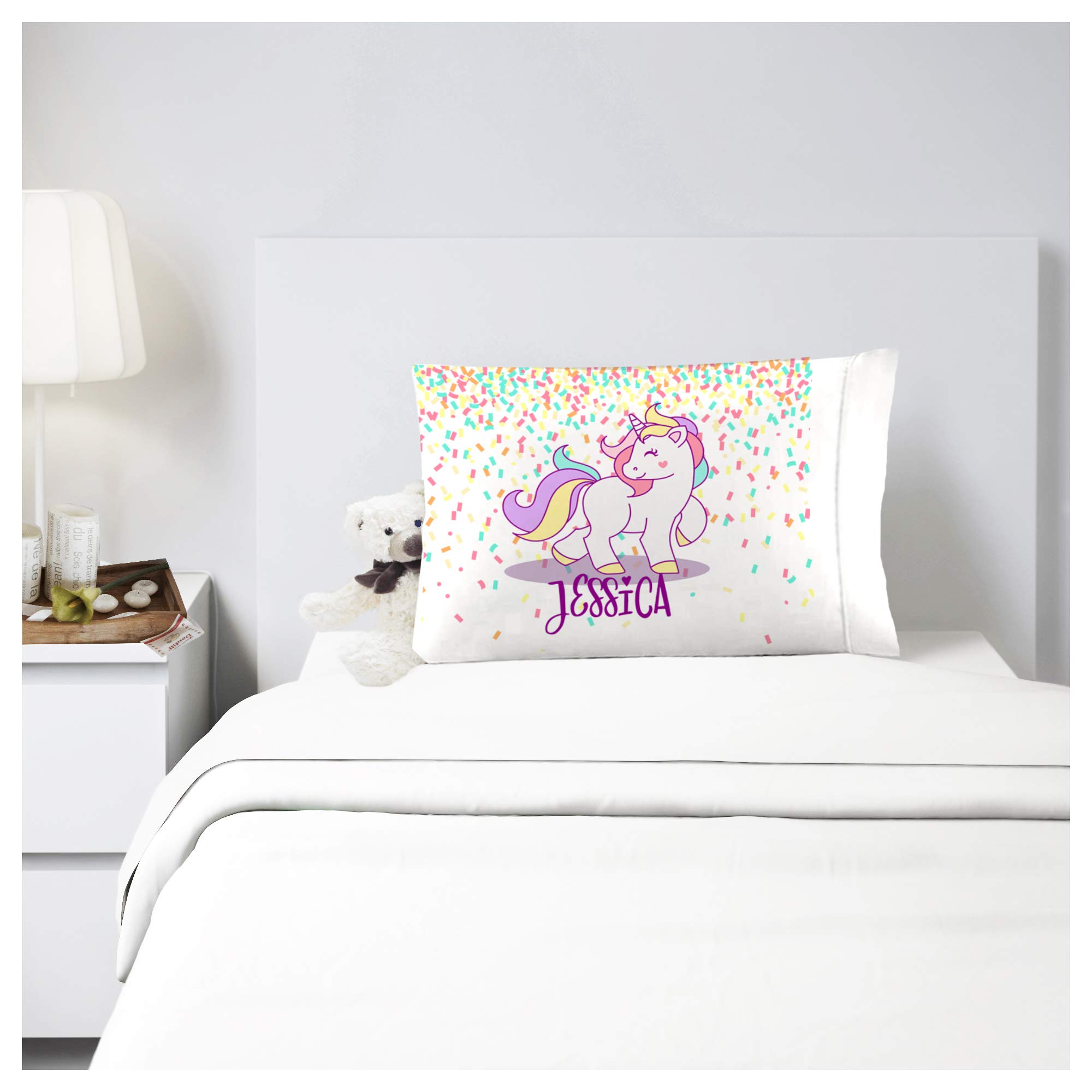 Personalize It (Confetti Unicorn, Standard) Pillowcase for Girls and Ladies Pink Rainbow Pride Birthday Gift Sleepover Party Friend Idea