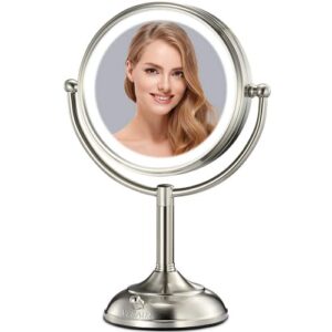 vesaur 10" extra large and 17" tall lighted makeup mirror, 1x/5x magnifying vanity mirror with 3 colors dimmable, 62 premium led lights, 360° rotation table mirror 2 power supply, pearl nickel