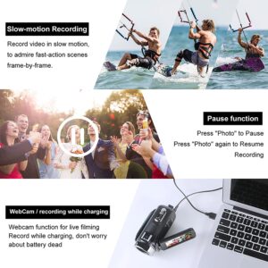 BAIZE Video Camera Camcorder 4K Digital Camera 48MP 16X Digital Zoom 3.0 Inch LCD 270 Degrees Rotatable Screen for Selfie Pause Function with External Microphone (Two Batteries and 32GB SD Card)