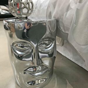 Modern Day Accents 3853 Cara Alum Face Stool, Silver, Aluminum, Accent Chair, Accent Table, End Table, Side Table, Indoor Plant Stand, Facial Expression, Statement Piece, Home, Office, 13"Lx13"Wx18"H