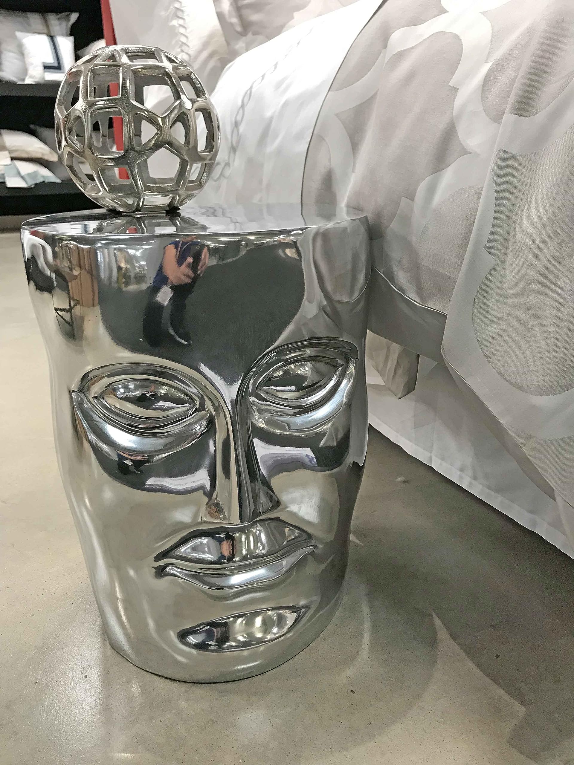 Modern Day Accents 3853 Cara Alum Face Stool, Silver, Aluminum, Accent Chair, Accent Table, End Table, Side Table, Indoor Plant Stand, Facial Expression, Statement Piece, Home, Office, 13"Lx13"Wx18"H