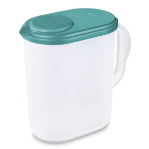 sterilite 1 gallon pitcher, spout and handle for easy pouring of water or juice, plastic, dishwasher safe, plastic, clear w/teal lid, 6-pack