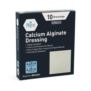 med pride calcium alginate 4.25” x 4.25” wound dressing pads| 10-pack, antimicrobial, non-stick padding, sterile, highly absorbent & comfortable| flexible & gentle on the skin, faster healing