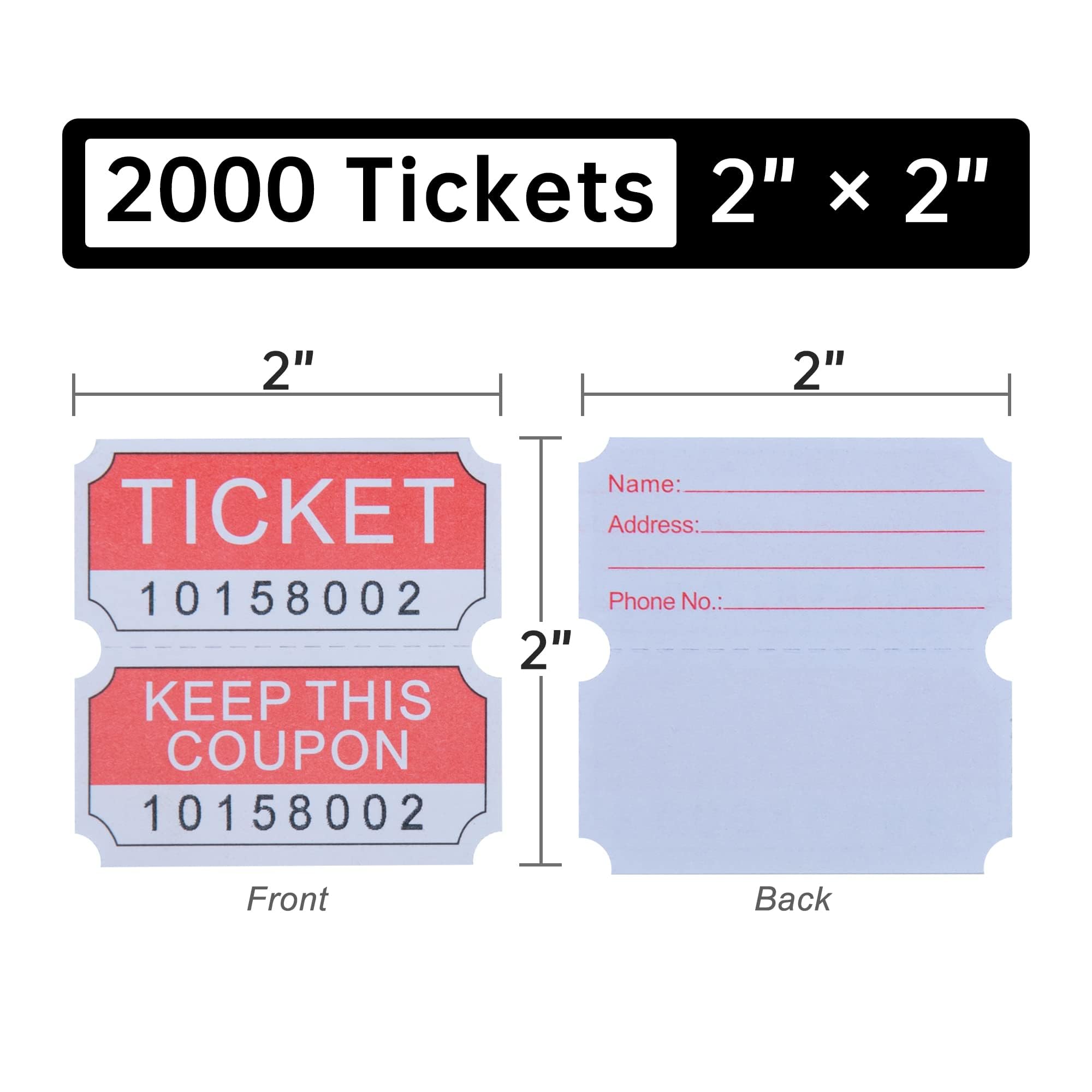 L LIKED 2000 Raffle Tickets Double Roll 50/50 Lottery Ticket for Events, Entry, Class Reward, Fundraiser & Prizes (Red)