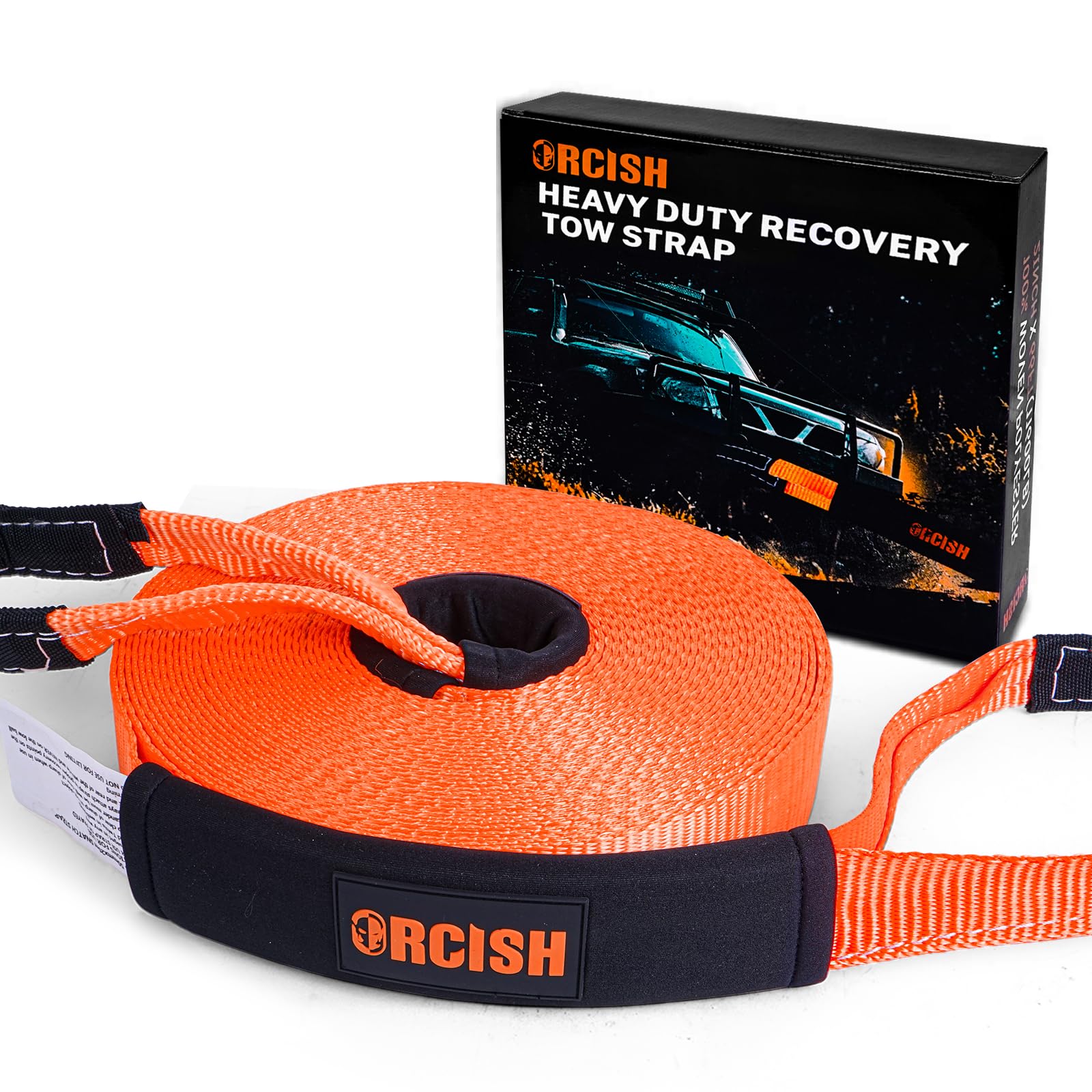 ORCISH Long Recovery Tow Straps, 2" x 66 FT Tow Straps Heavy Duty with Loops, Tow Rope for Truck, Vehicle Recovery Rope with Reinforced Loops and Protective Sleeves, Tree Saver Strap for Winching