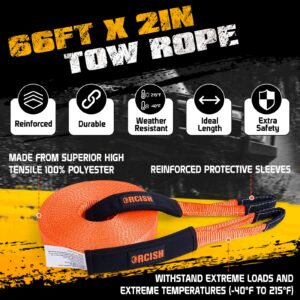 ORCISH Long Recovery Tow Straps, 2" x 66 FT Tow Straps Heavy Duty with Loops, Tow Rope for Truck, Vehicle Recovery Rope with Reinforced Loops and Protective Sleeves, Tree Saver Strap for Winching