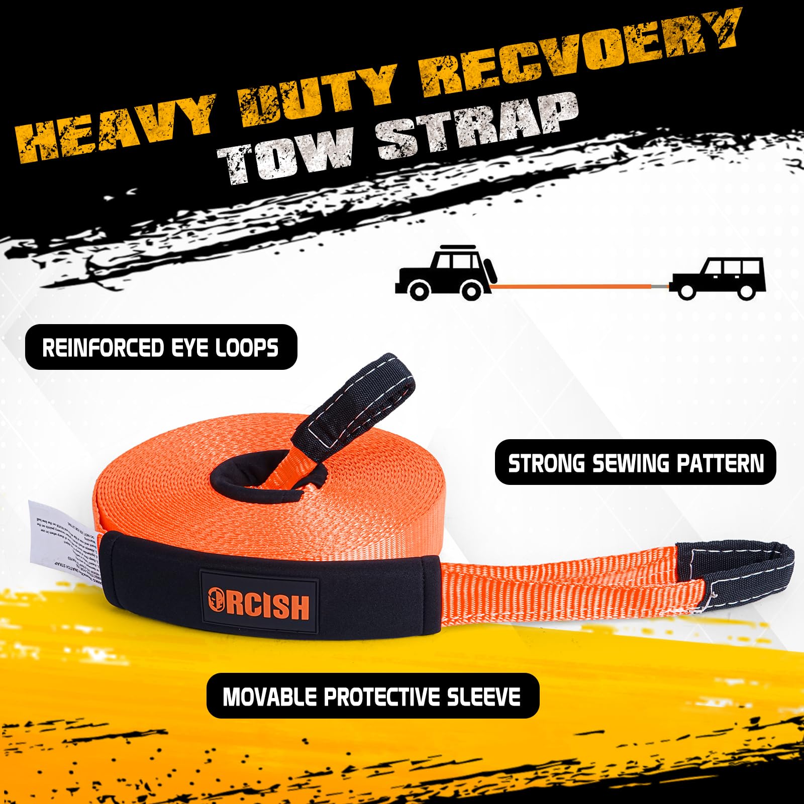 ORCISH Long Recovery Tow Straps, 2" x 66 FT Tow Straps Heavy Duty with Loops, Tow Rope for Truck, Vehicle Recovery Rope with Reinforced Loops and Protective Sleeves, Tree Saver Strap for Winching