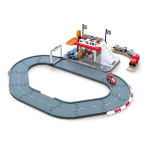 hape race track station wooden realistic kids race track toy with two race cars, carriages & repair station l: 25.2, w: 4.7, h: 23.6 inch