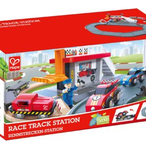 Hape Race Track Station Wooden Realistic Kids Race Track Toy with Two Race Cars, Carriages & Repair Station L: 25.2, W: 4.7, H: 23.6 inch