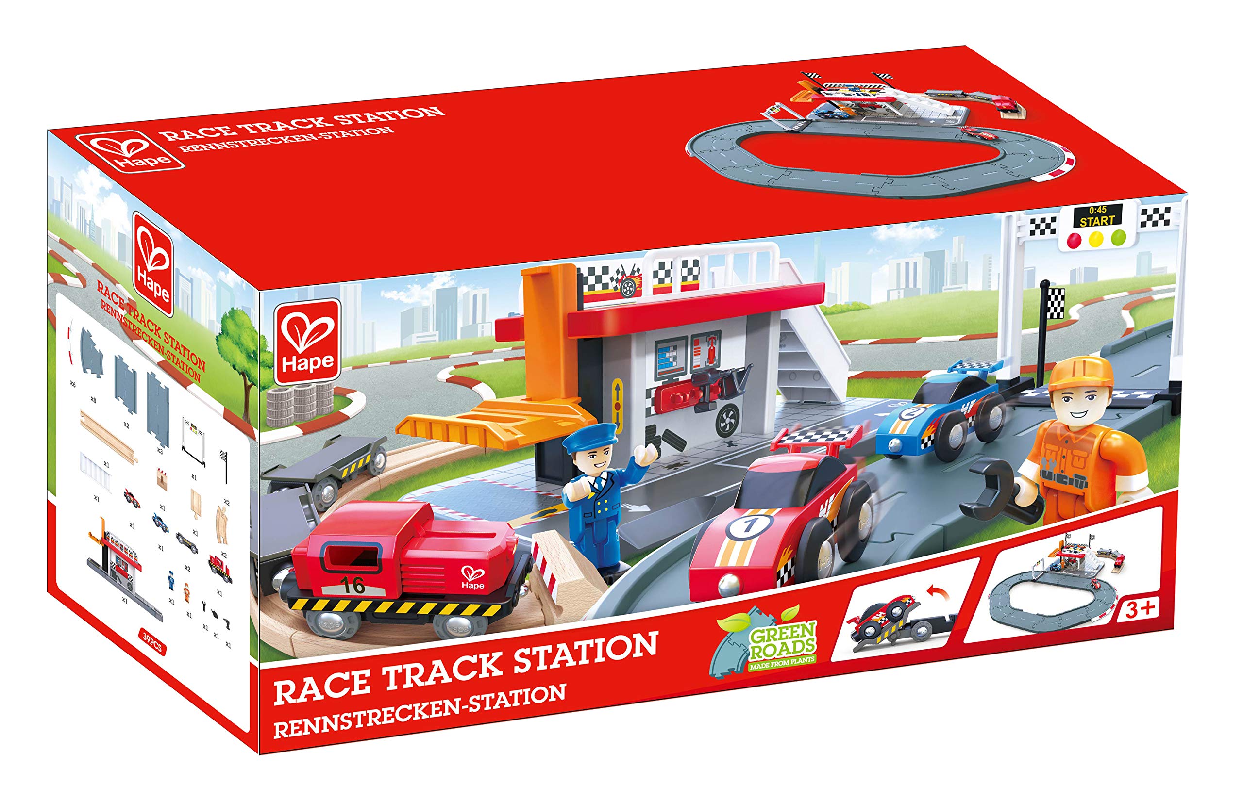 Hape Race Track Station Wooden Realistic Kids Race Track Toy with Two Race Cars, Carriages & Repair Station L: 25.2, W: 4.7, H: 23.6 inch