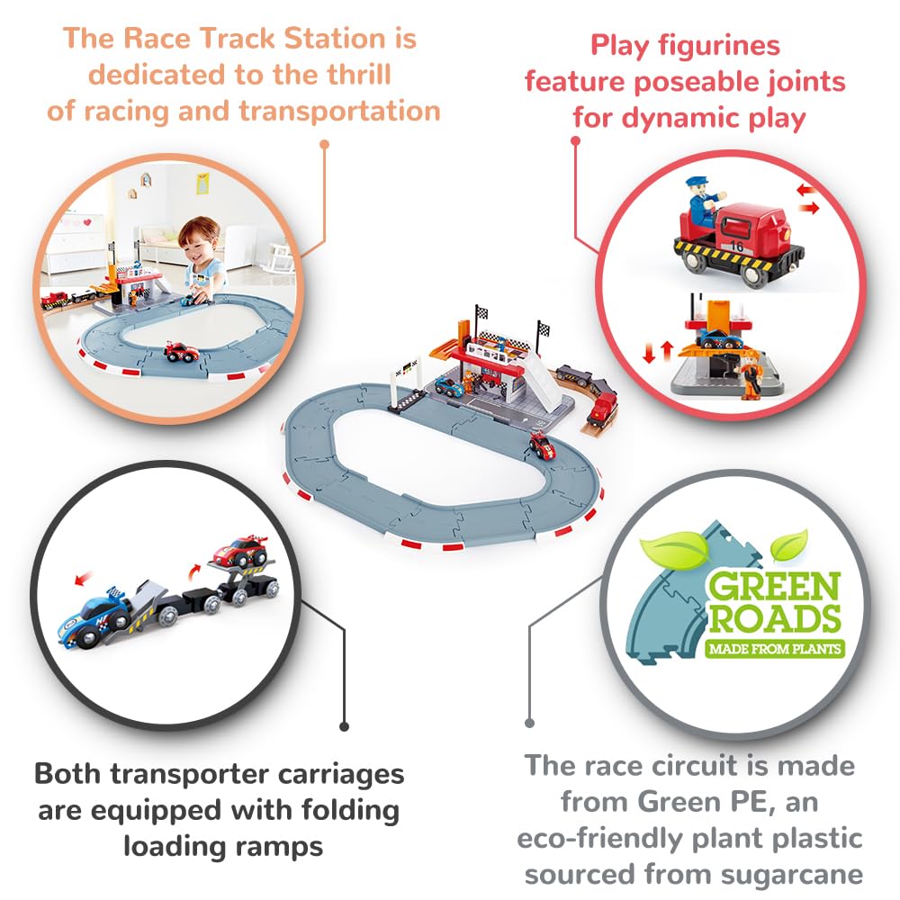 Hape Race Track Station Wooden Realistic Kids Race Track Toy with Two Race Cars, Carriages & Repair Station L: 25.2, W: 4.7, H: 23.6 inch