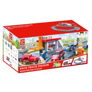 Hape Race Track Station Wooden Realistic Kids Race Track Toy with Two Race Cars, Carriages & Repair Station L: 25.2, W: 4.7, H: 23.6 inch