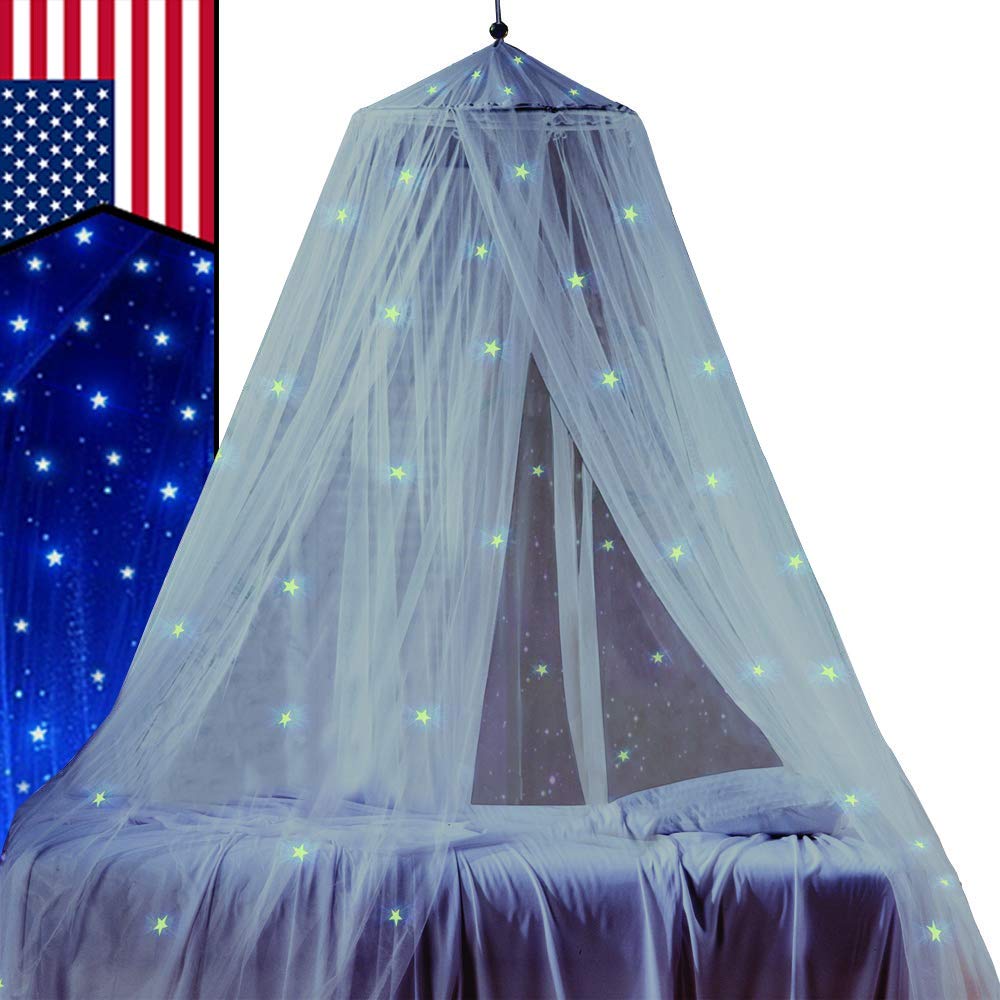 STZ Bed Canopy for Princess Girls Room Decorations with Fluorescent Stars Glow in Dark -Reading Nook for Kids-Canopy Bed Curtains-Hanging Tent-White