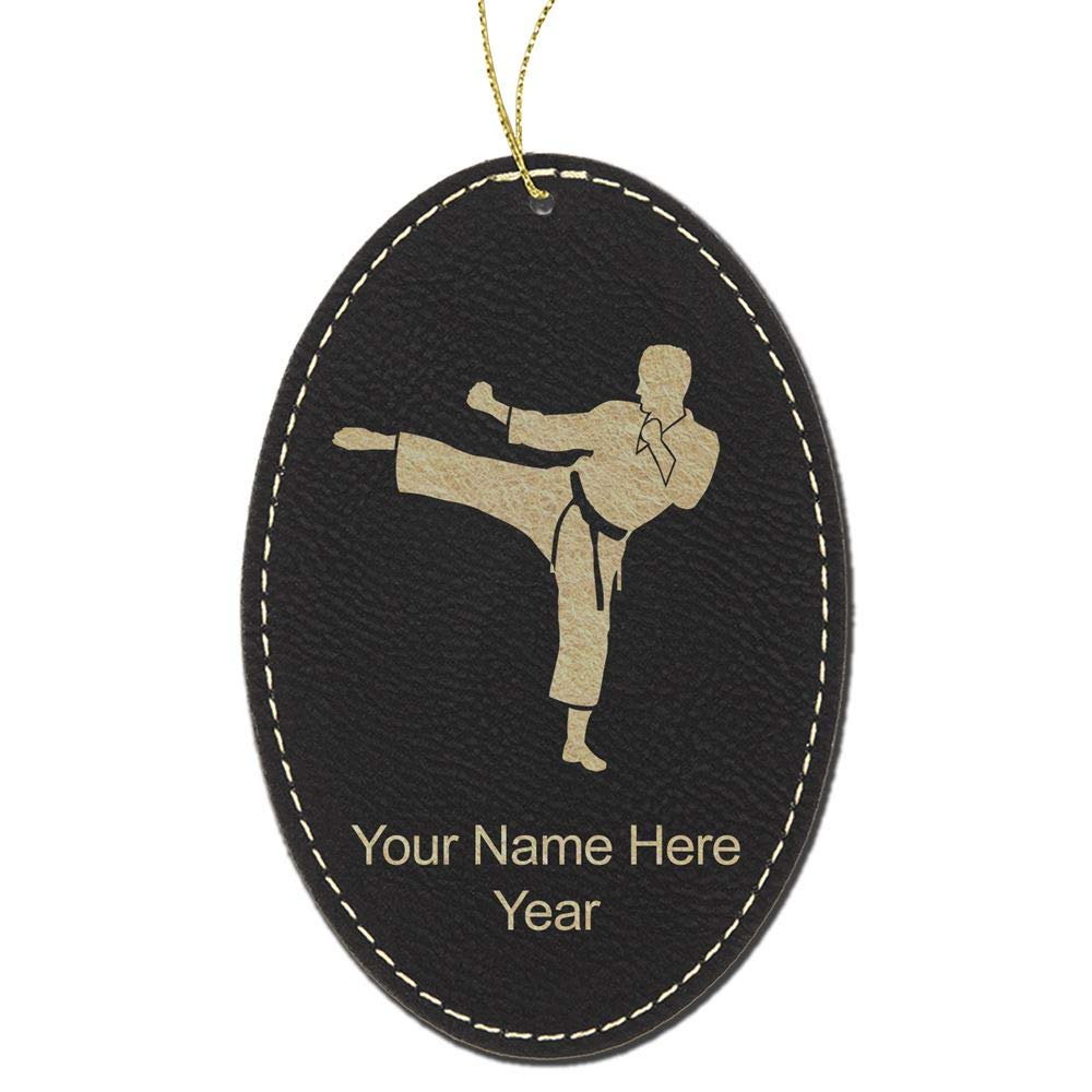 LaserGram Faux Leather Christmas Ornament, Karate Man, Personalized Engraving Included (Black with Gold, Oval)