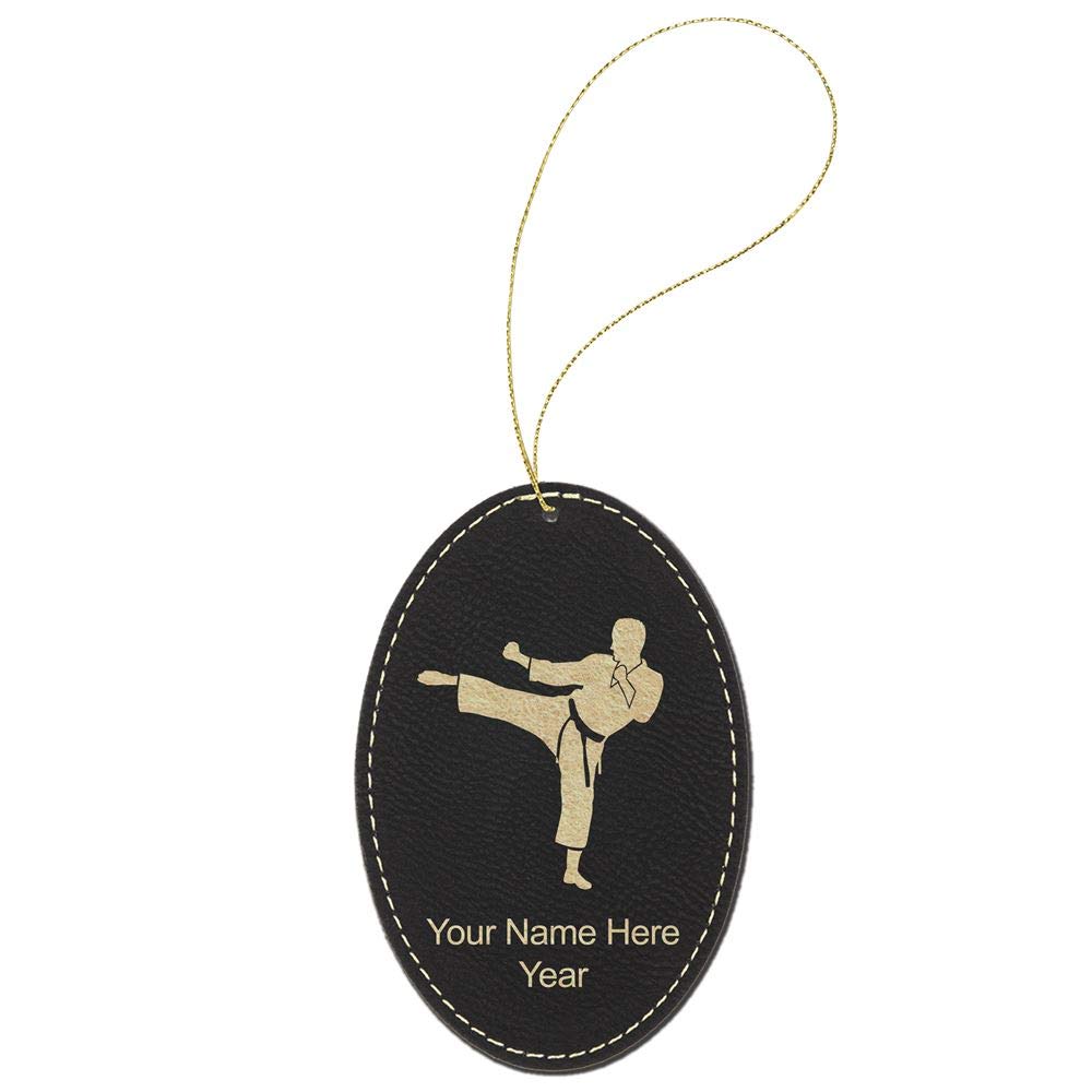 LaserGram Faux Leather Christmas Ornament, Karate Man, Personalized Engraving Included (Black with Gold, Oval)