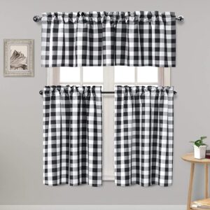 hiasan 3 piece semi sheer black kitchen curtains light filtering buffalo checkered tier and valance window curtains set