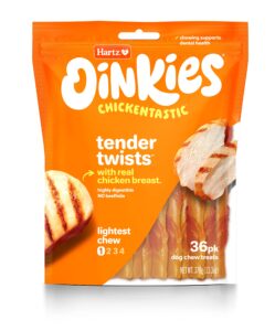 hartz oinkies rawhide-free tender treats wrapped with chicken dog treats chews, 36 count, highly digestible, no artificial flavors, perfect for smaller and senior dogs