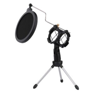 dreokee desktop mic stand, microphone stand desk tripod stand with shock mount portable mic holder and double-non-slip feet net wind screen pop filter for instruments voice overs recording studio