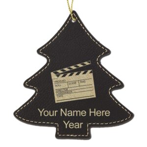 lasergram faux leather christmas ornament, movie clapperboard, personalized engraving included (black with gold, tree)