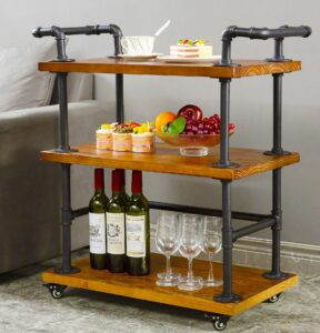 dofurnilim industrial bar carts/serving carts/kitchen carts/wine rack carts on wheels with storage - industrial rolling carts - wine tea liquor shelves/holder - solid wood and metal home furniture