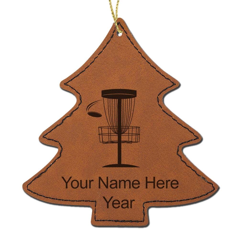 LaserGram Faux Leather Christmas Ornament, Disc Golf, Personalized Engraving Included (Dark Brown, Tree)