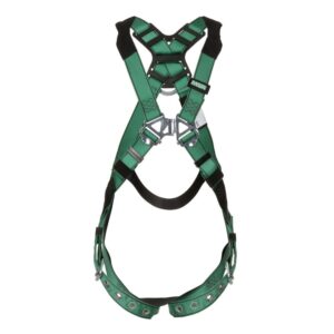 msa 10196642 v-form full body safety harness - size: standard (medium), d-ring configuration: back, tongue buckle leg straps, color: green, full body harness, durable