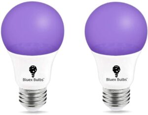 bluex bulbs 2 pack led black light bulb, 9w a19 e26 blacklight bulb level 385-400nm, body paint, glow in the dark led light bulb neon glow fluorescent poster black bulb (2 pack)